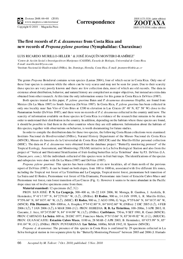 (PDF) The first records of P. d. dexamenus from Costa Rica and new ...