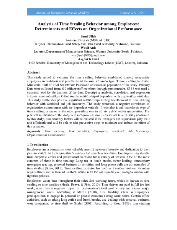 (PDF) Analysis of Time Stealing Behavior among Employees: Determinants ...