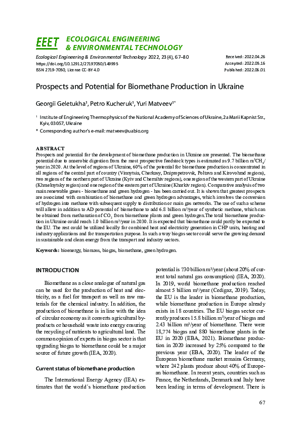 (PDF) Prospects and Potential for Biomethane Production in Ukraine