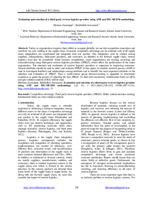 Pdf Evaluation And Selection Of A Third Party Reverse Logistics