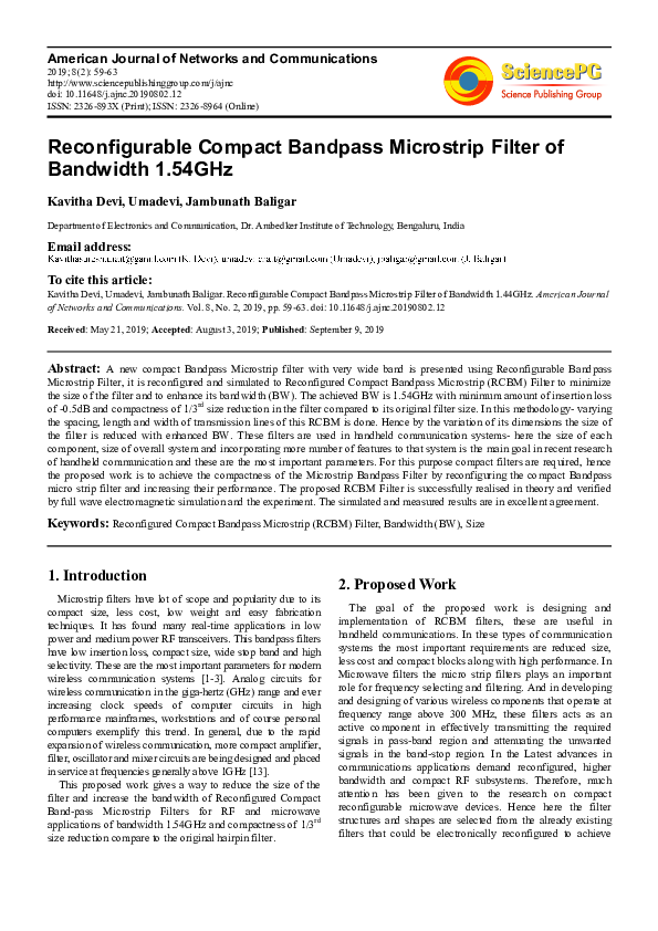 (PDF) Reconfigurable Compact Bandpass Microstrip Filter of Bandwidth 1.54GHz