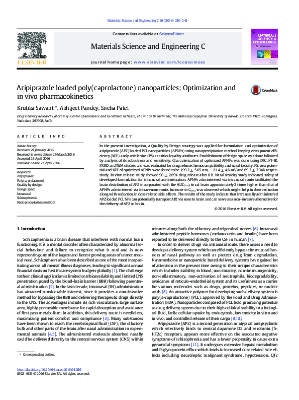 (PDF) Aripiprazole loaded poly(caprolactone) nanoparticles: Optimization and in vivo ...