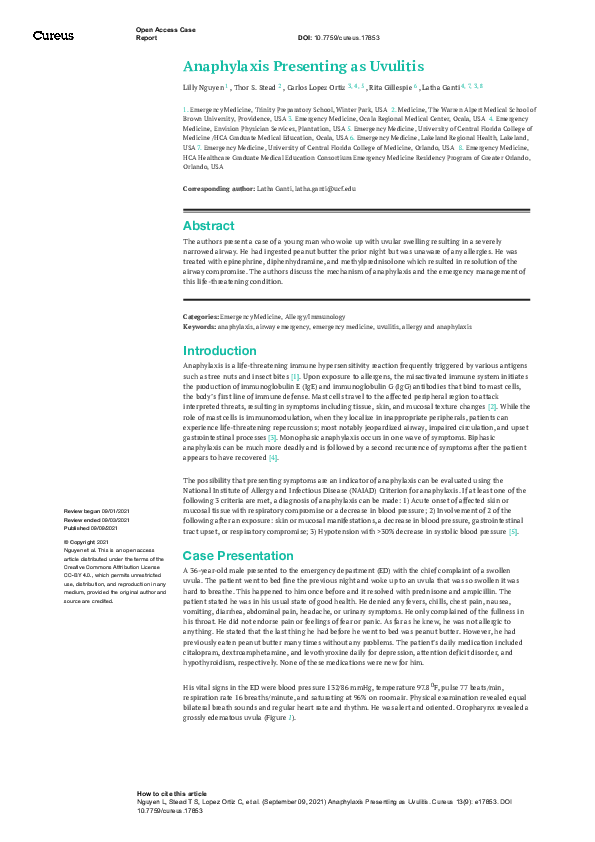 (PDF) Anaphylaxis Presenting as Uvulitis | Lilly Nguyen - Academia.edu