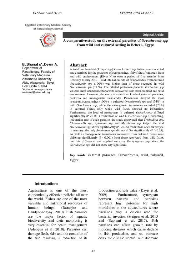(PDF) A comparative study on the external parasites of Oreochromis spp ...