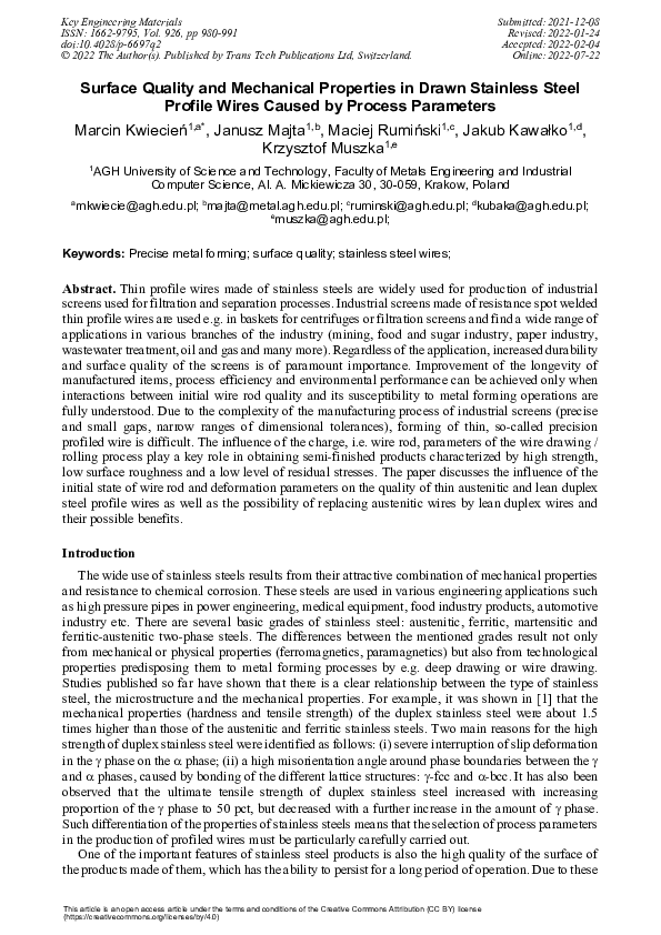 (PDF) Surface Quality and Mechanical Properties in Drawn Stainless ...