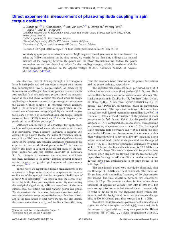 (PDF) Direct experimental measurement of phase-amplitude coupling in spin torque oscillators