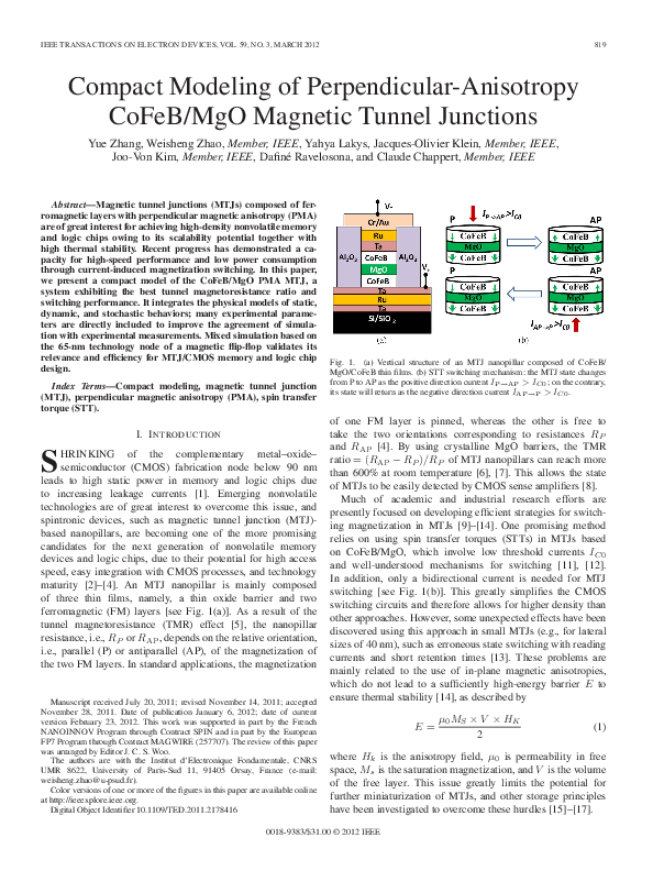 (PDF) Compact Modeling of Perpendicular-Anisotropy CoFeB/MgO Magnetic Tunnel Junctions