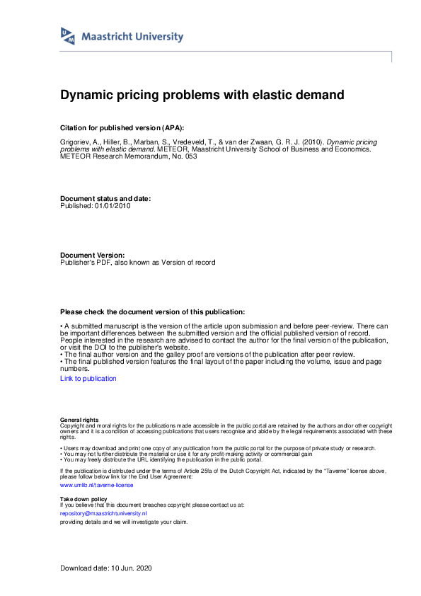 (PDF) Dynamic pricing problems with elastic demand