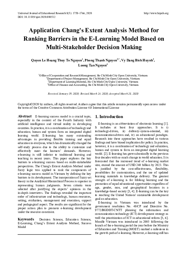 (PDF) Application Chang's Extent Analysis Method for Ranking Barriers in the E-Learning Model ...