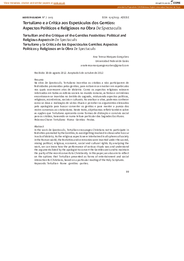 (PDF) Tertuliano y la crítica de los espectáculos gentiles : aspectos ...