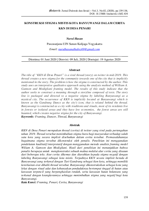 (PDF) Konstruksi Stigma Mistis Kota Banyuwangi Dalam Cerita KKN DI Desa Penari