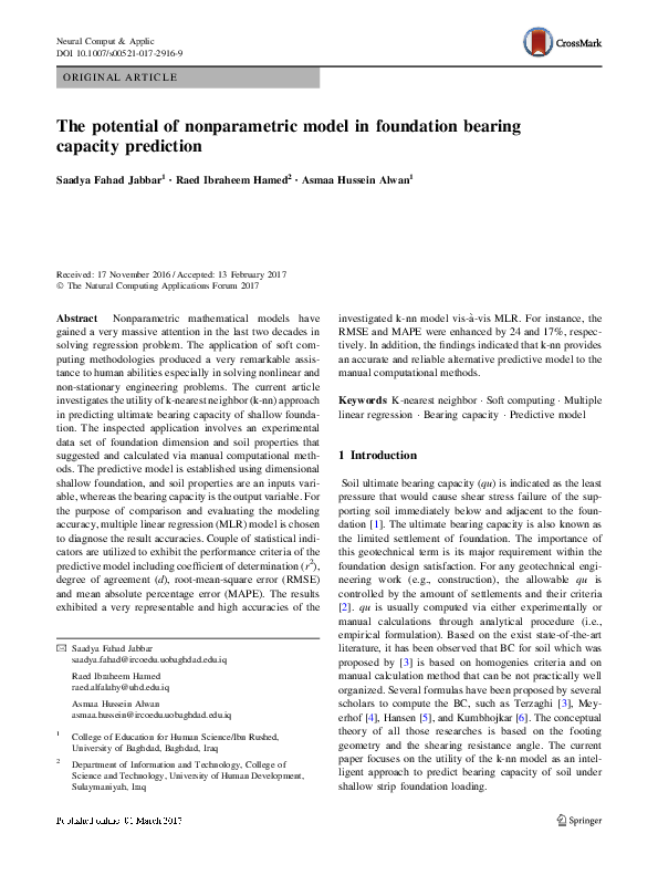 (PDF) The potential of nonparametric model in foundation bearing capacity prediction