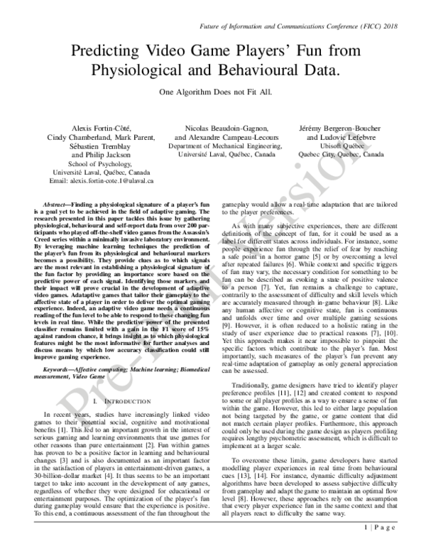 (PDF) Predicting Video Game Players’ Fun from Physiological and ...
