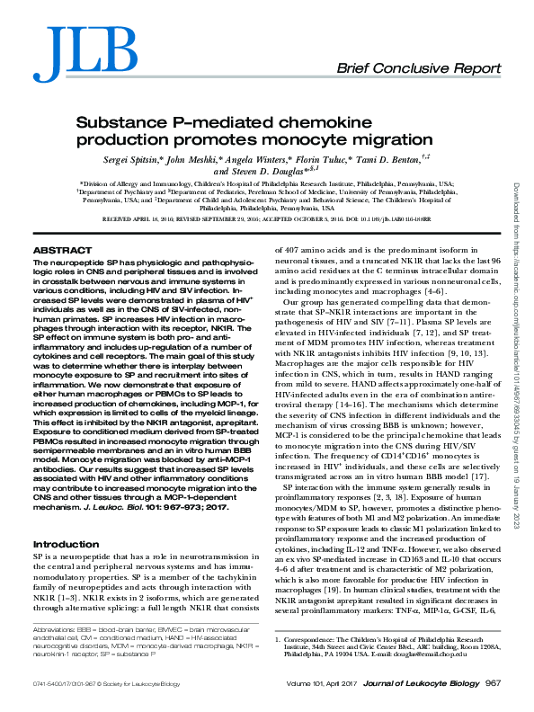 (PDF) Substance P–mediated chemokine production promotes monocyte migration