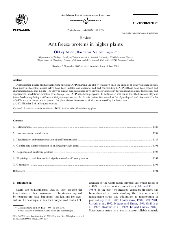 (PDF) Antifreeze proteins in higher plants | Ökkeş ATICI - Academia.edu