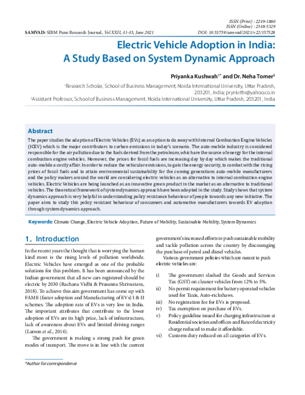 (PDF) Electric Vehicle Adoption in India: A Study Based on System ...