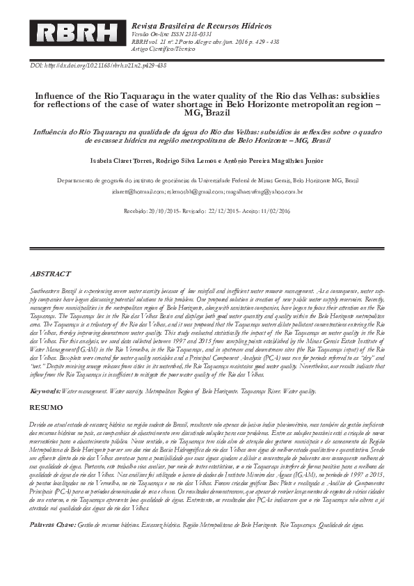 (PDF) Influence of the Rio Taquaraçu in the water quality of the Rio ...