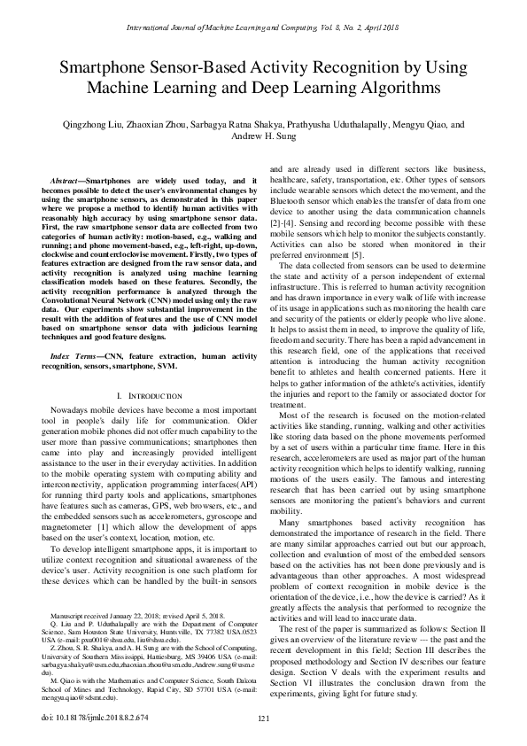 Pdf Smartphone Sensor Based Activity Recognition By Using Machine