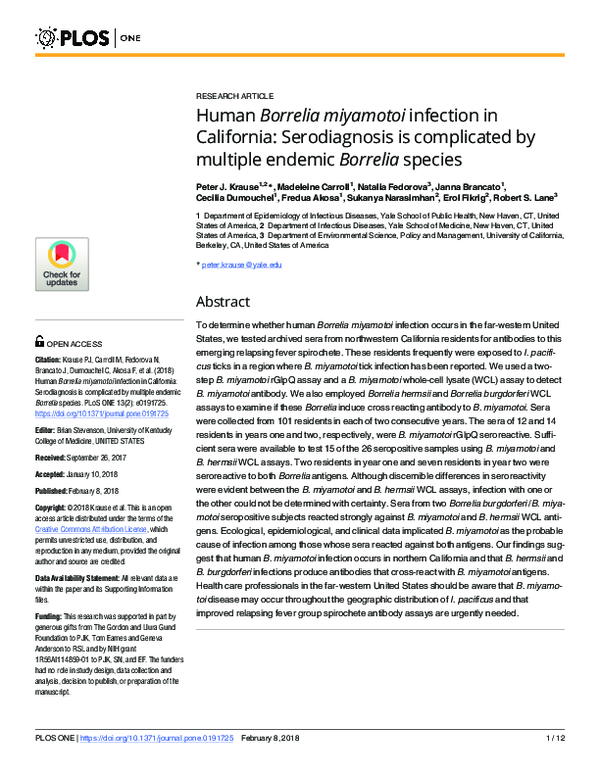 (PDF) Human Borrelia miyamotoi infection in California: Serodiagnosis ...
