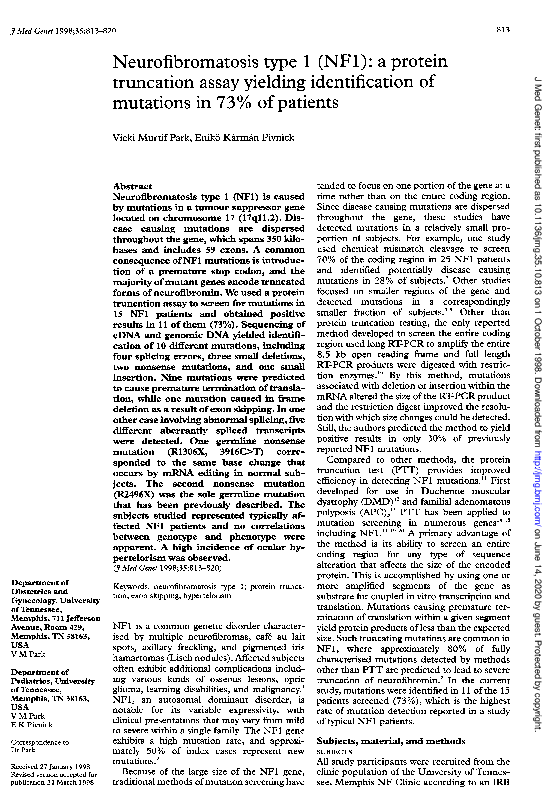 (PDF) Neurofibromatosis type 1 (NF1): a protein truncation assay yielding identification of ...