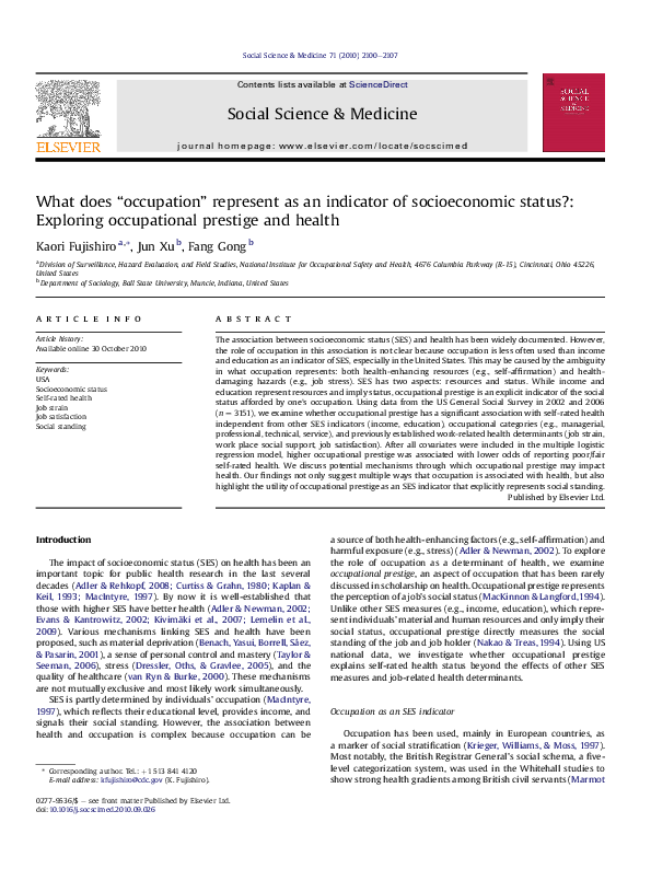 (PDF) What does “occupation” represent as an indicator of socioeconomic status?: Exploring ...
