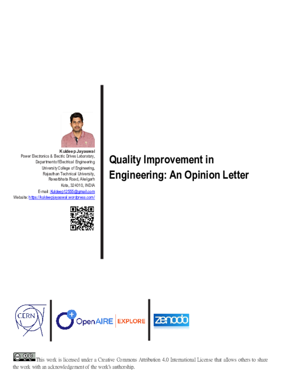 (PDF) Quality Improvement in Engineering : An Opinion Letter