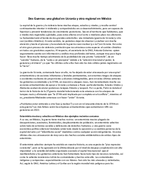 (PDF) Dos Guerras: una global en Ucrania y otra regional en México