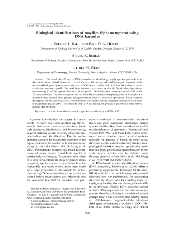 (PDF) Biological identifications of mayflies (Ephemeroptera) using DNA ...