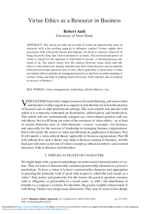 (PDF) Virtue Ethics as a Resource in Business
