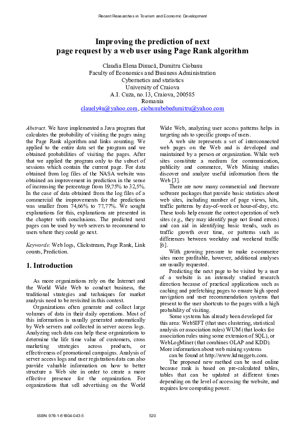 Pdf Improving The Prediction Of Next Page Request By A Web User Using Page Rank Algorithm