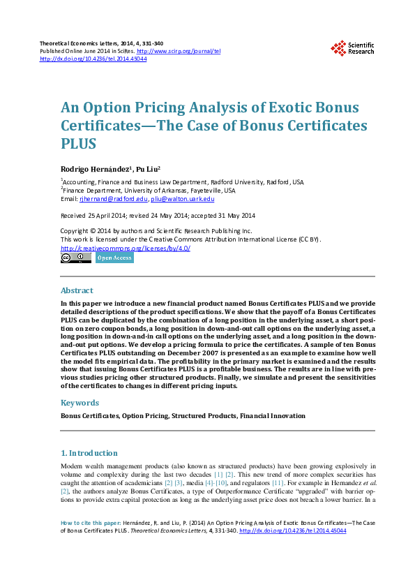 (PDF) An Option Pricing Analysis of Exotic Bonus Certificates—The Case ...