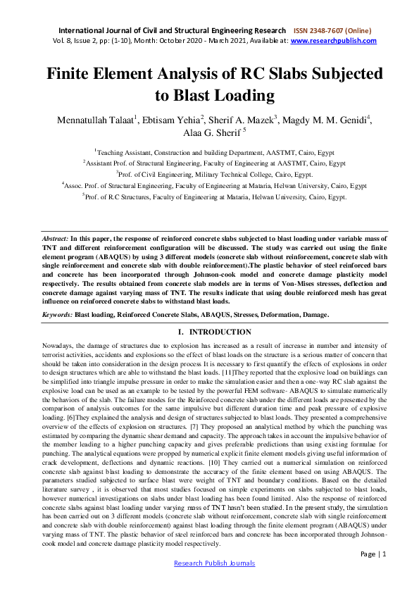 Pdf Finite Element Analysis Of Rc Slabs Subjected To Blast Loading