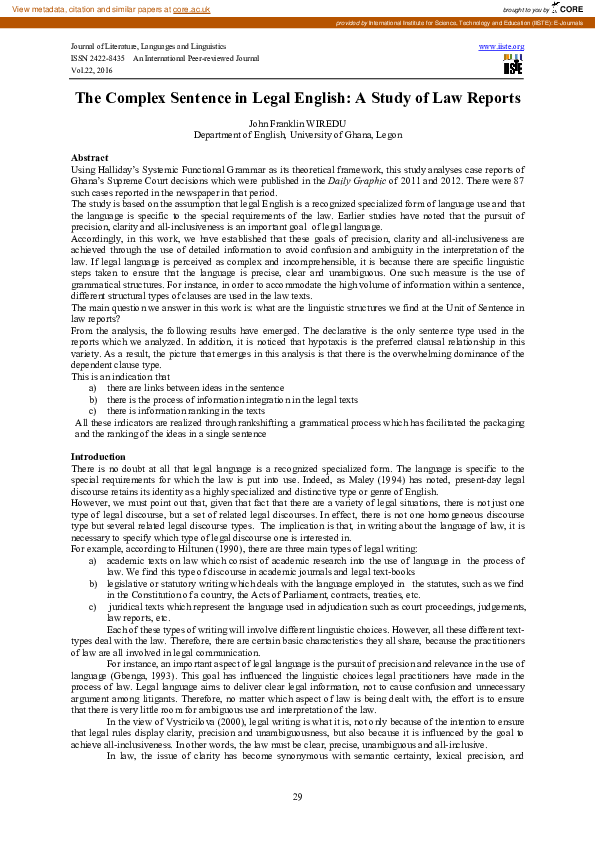 (PDF) The Complex Sentence in Legal English: A Study of Law Reports