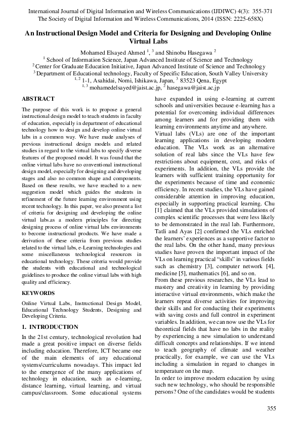 Pdf An Instructional Design Model And Criteria For Designing And Developing Online Virtual Labs