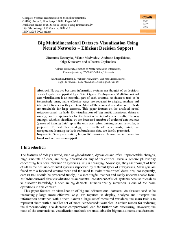 Big Multidimensional Datasets Visualization Using Neural Networks Efficient Decision Support 
