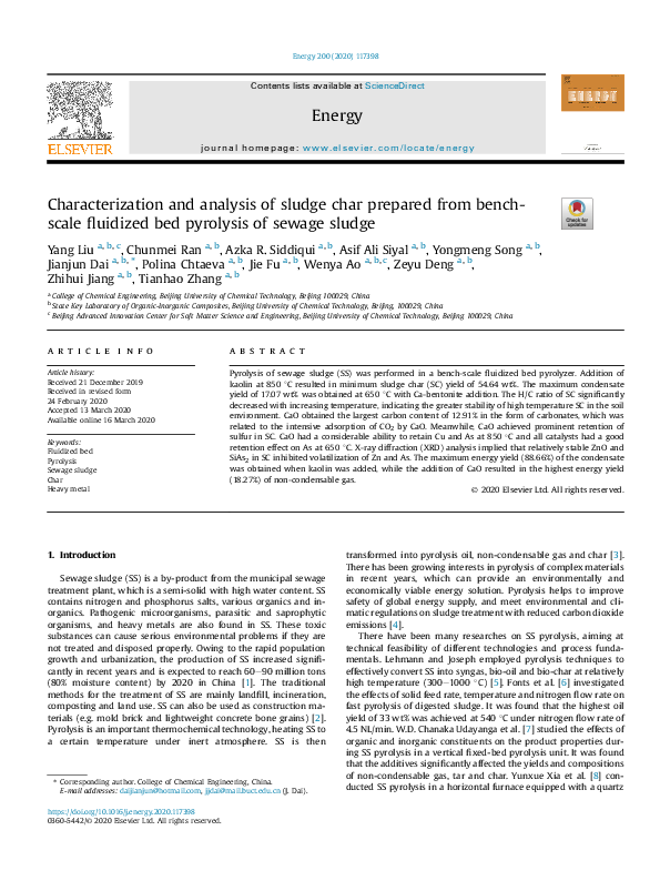 (PDF) Characterization and analysis of sludge char prepared from bench-scale fluidized bed ...