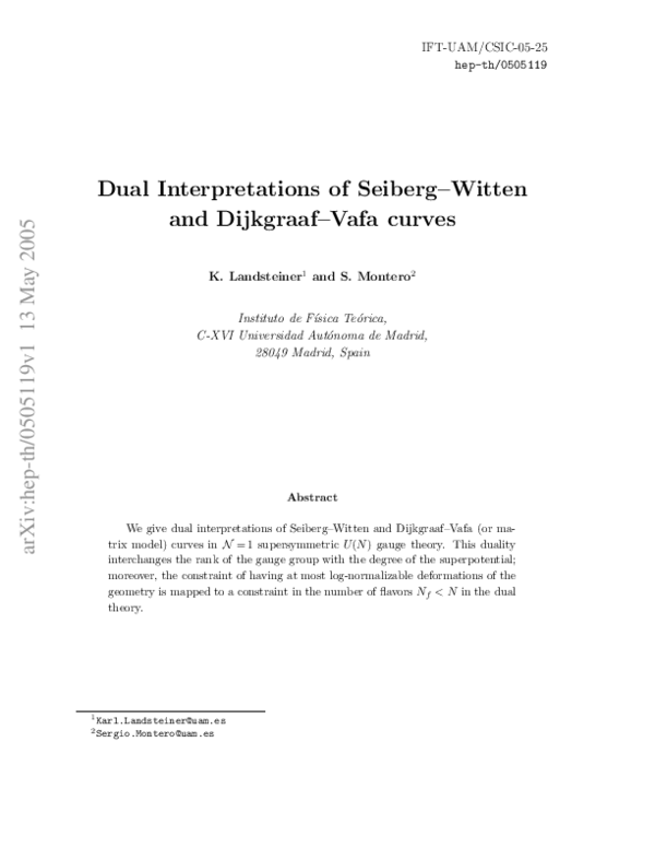(PDF) Dual interpretations of Seiberg-Witten and Dijkgraaf-Vafa curves | Sergio Gómez Montero ...