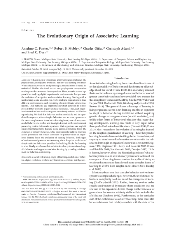 (PDF) The Evolutionary Origin of Associative Learning