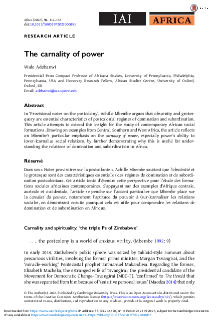 (PDF) The carnality of power | Wale Adebanwi - Academia.edu