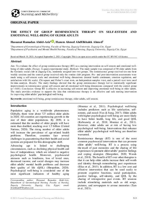 (PDF) The effect of group reminiscence therapy on self-esteem and emotional well-being of older ...