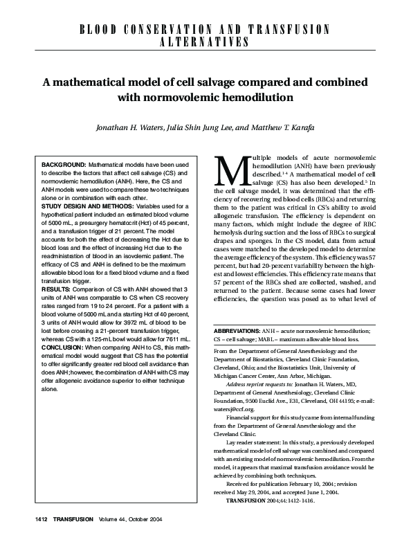 (PDF) A mathematical model of cell salvage compared and combined with normovolemic hemodilution