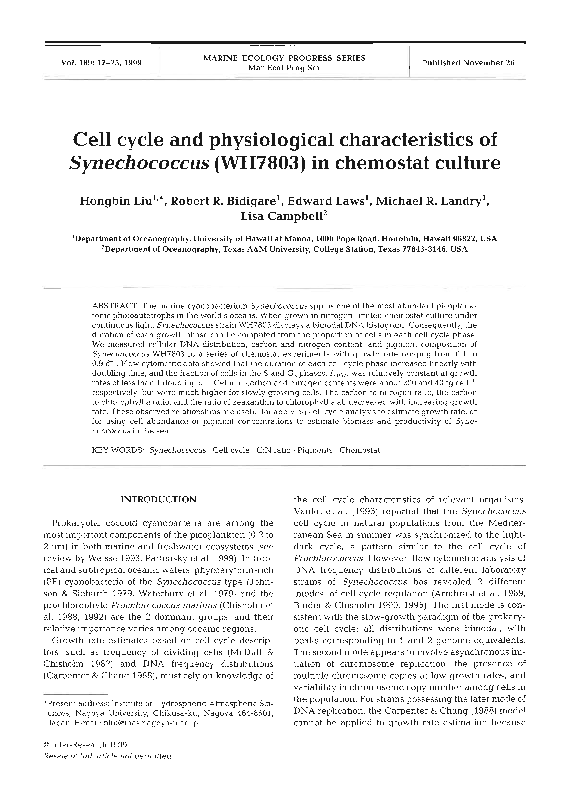 (PDF) Cell cycle and physiological characteristics of Synechococcus ...