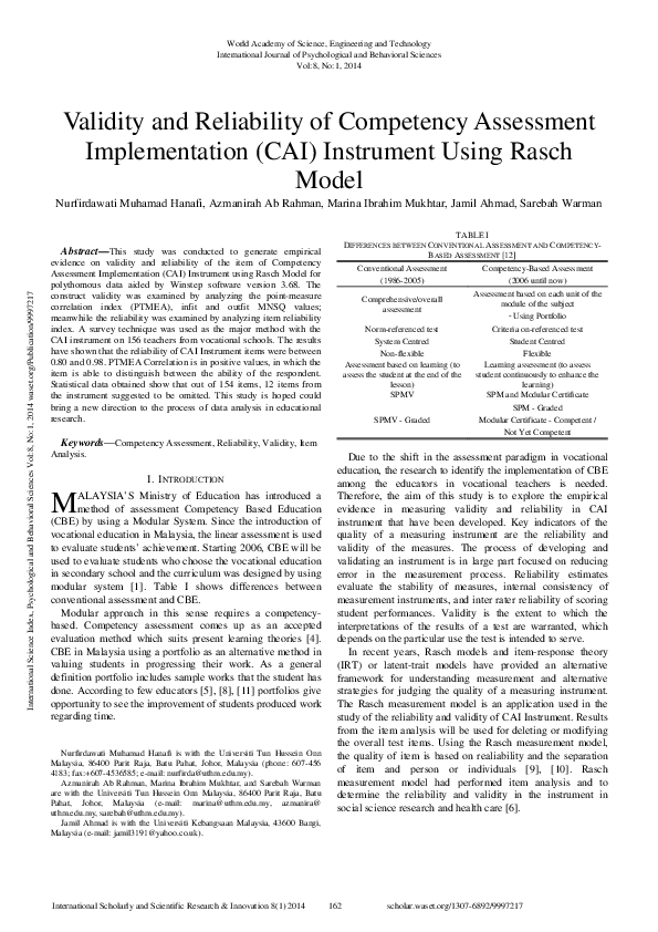 (PDF) Validity And Reliability Of Competency Assessment Implementation (Cai) Instrument Using ...