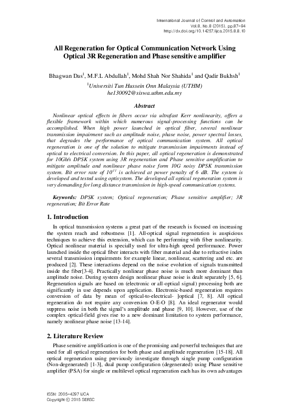 (PDF) All Regeneration for Optical Communication Network Using Optical 3R Regeneration and Phase ...
