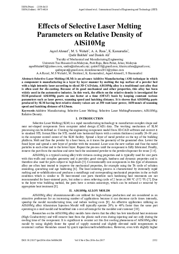 (PDF) Effects of Selective Laser Melting Parameters on Relative Density of AlSi10Mg