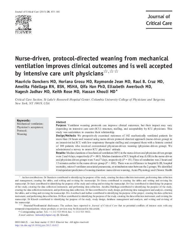 (PDF) Nurse-driven, protocol-directed weaning from mechanical ...