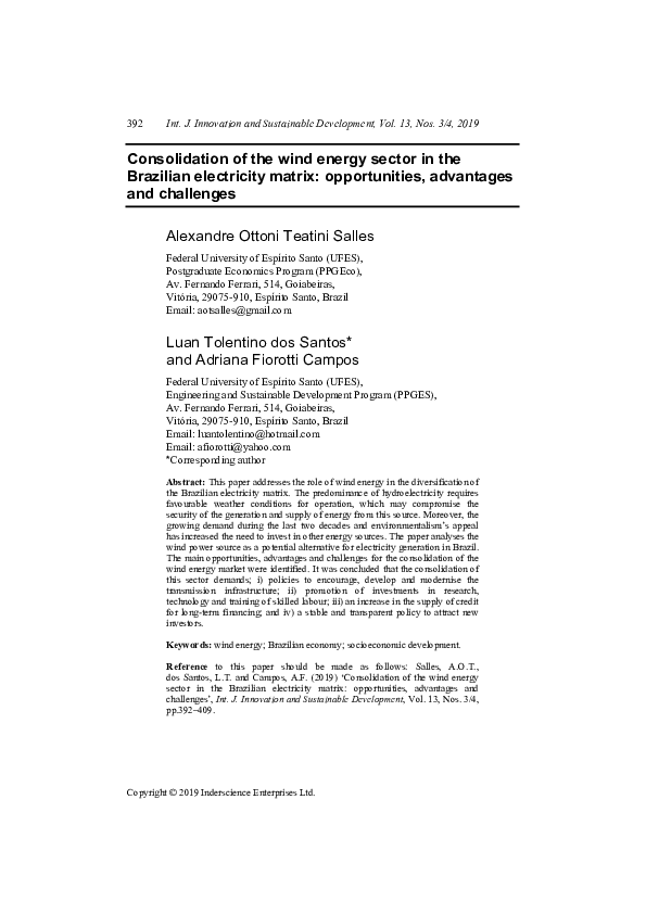 (PDF) Consolidation of the wind energy sector in the Brazilian electricity matrix: opportunities ...
