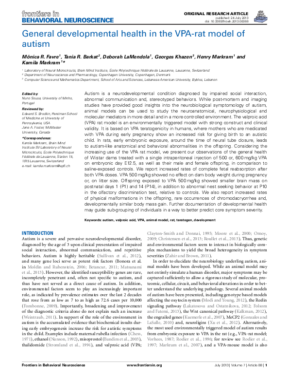 (PDF) General developmental health in the VPA-rat model of autism