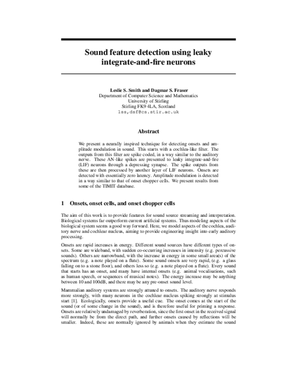 (PDF) Sound feature detection using leaky integrate-and-fire neurons