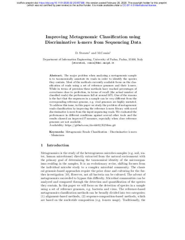 (PDF) Improving Metagenomic Classification using Discriminative k-mers from Sequencing Data